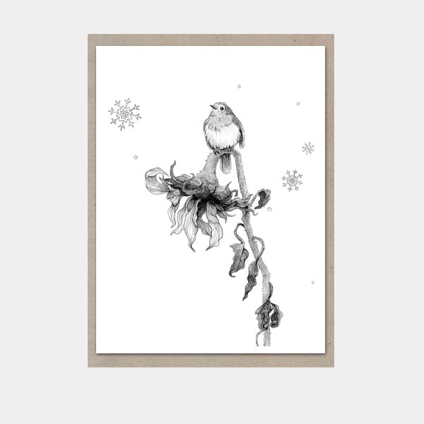 Julekort med rødkælk og solsikke